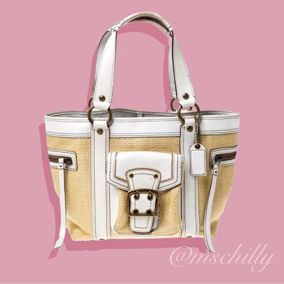 Coach | Bags | Vintage Coach Legacy White Leather Woven Straw Rattan ...